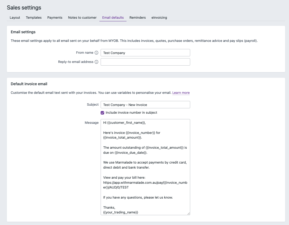 MYOB - Update Email Text